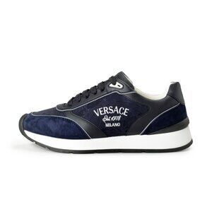 Versace | Shoes | Versace Mens Blue Logo Embroidery Suede Leather ...